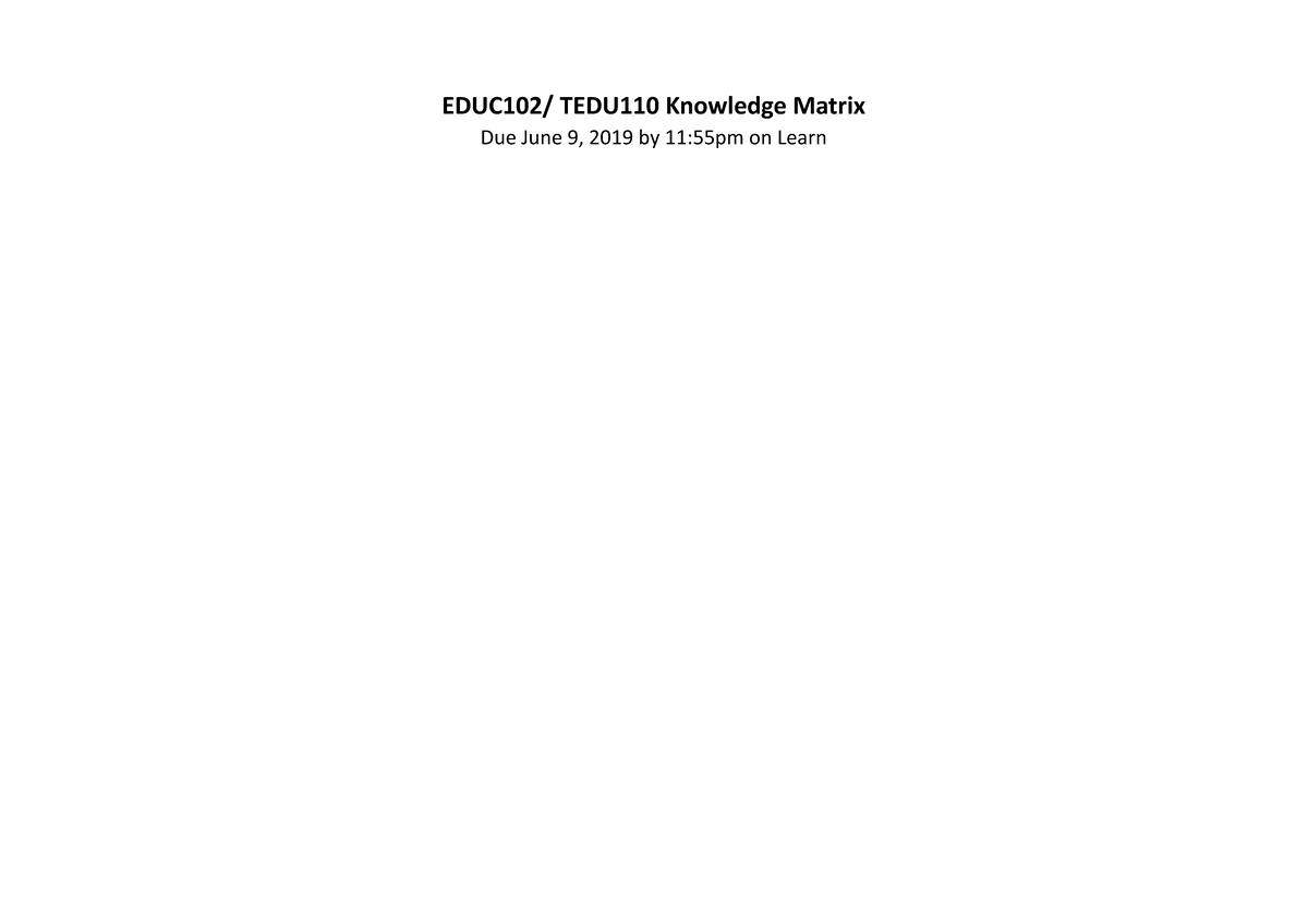 Knowledge Matrix - A - EDUC102/ TEDU110 Knowledge Matrix Due June 9 ...