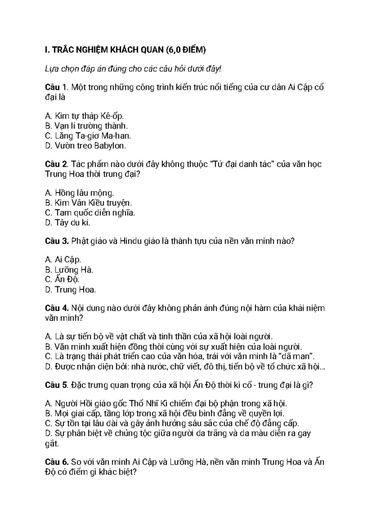 Đề Thi Học Kỳ 1 Môn Lịch Sử 10 - Trắc Nghiệm Khách Quan - Studocu