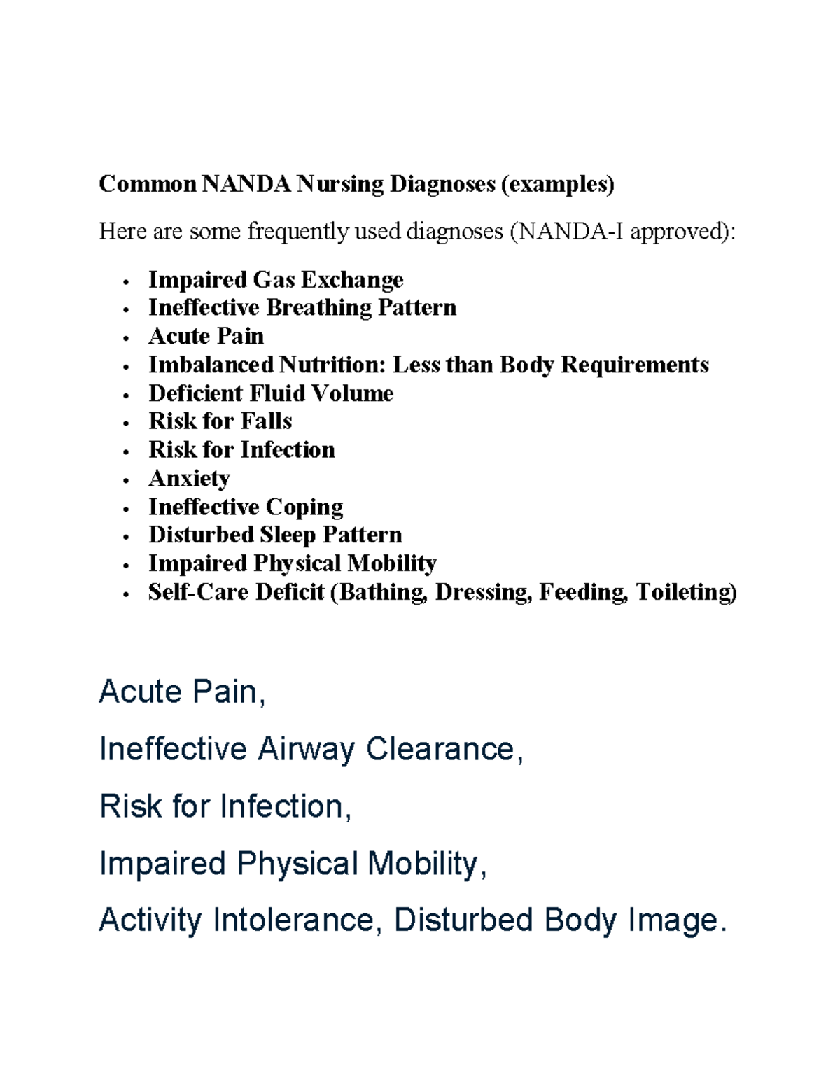 NANDA Nursing Diagnoses Examples for Nursing Practice - Studocu