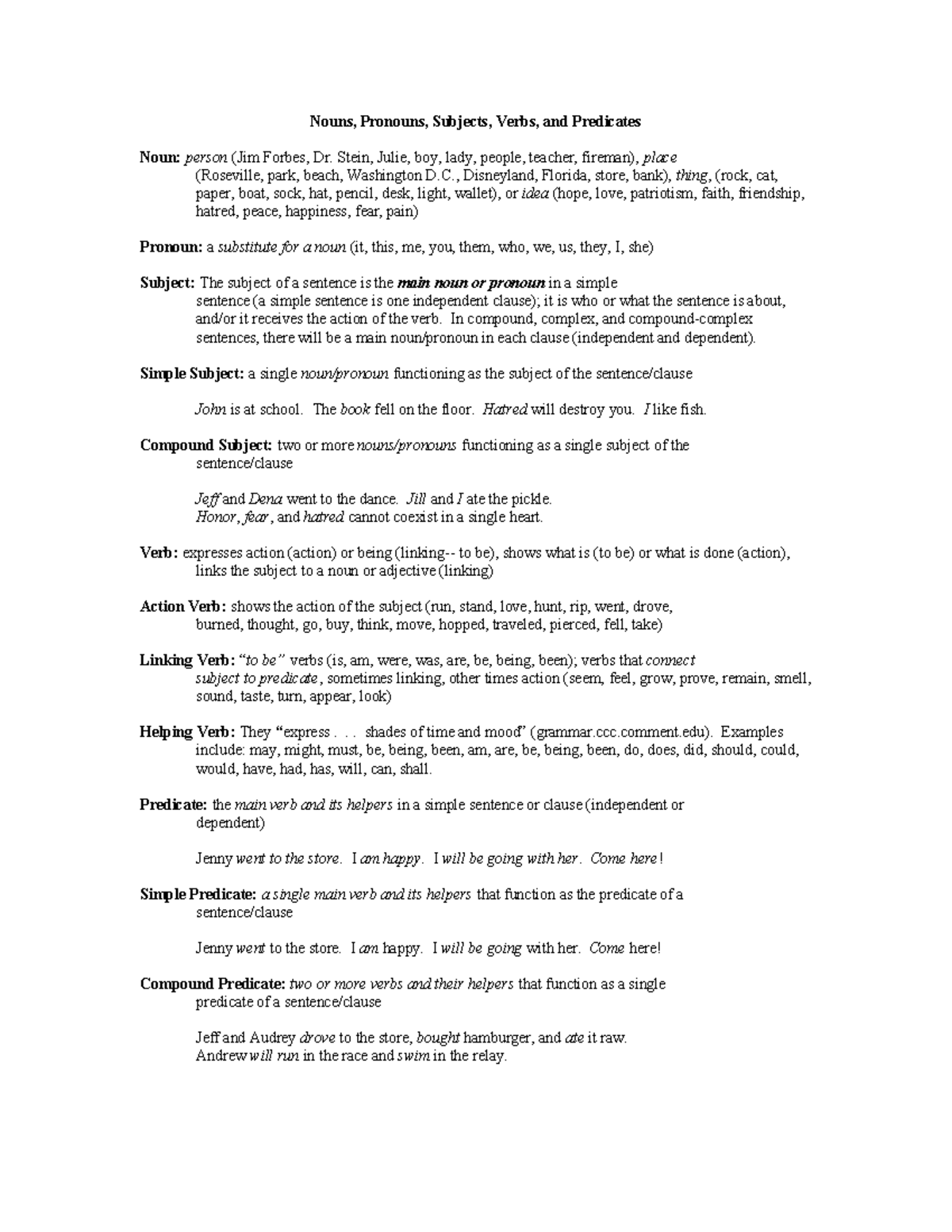 Nouns, Verbs, Subjects, Predicates - Nouns, Pronouns, Subjects, Verbs ...