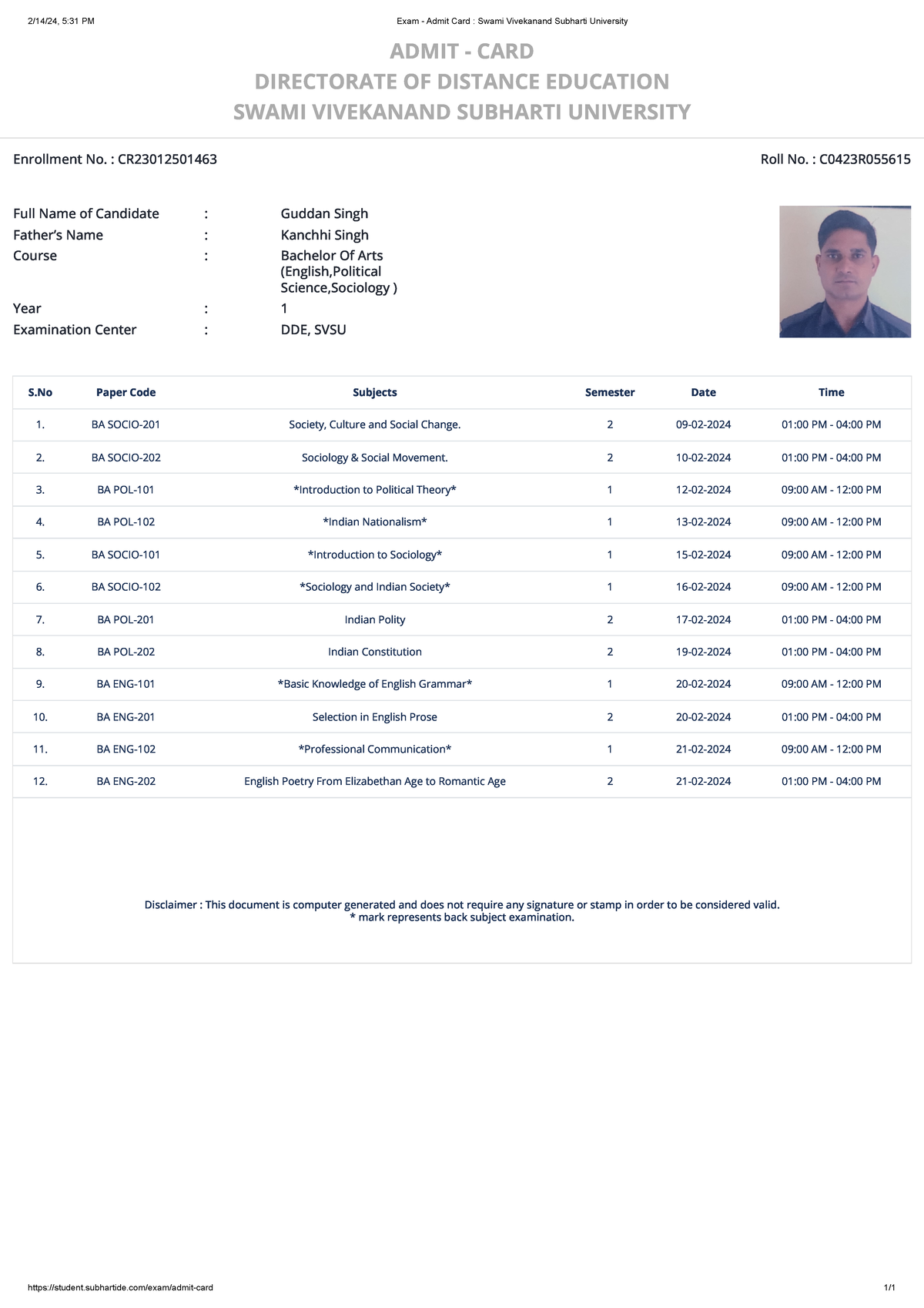Guddan Kumar - hbhjghgchfcv - 2/14/24, 5:31 PM Exam - Admit Card ...