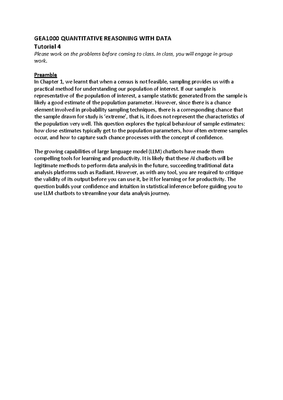 QUANTITATIVE REASONING WITH DATA Tutorial 4: Statistical Inference ...