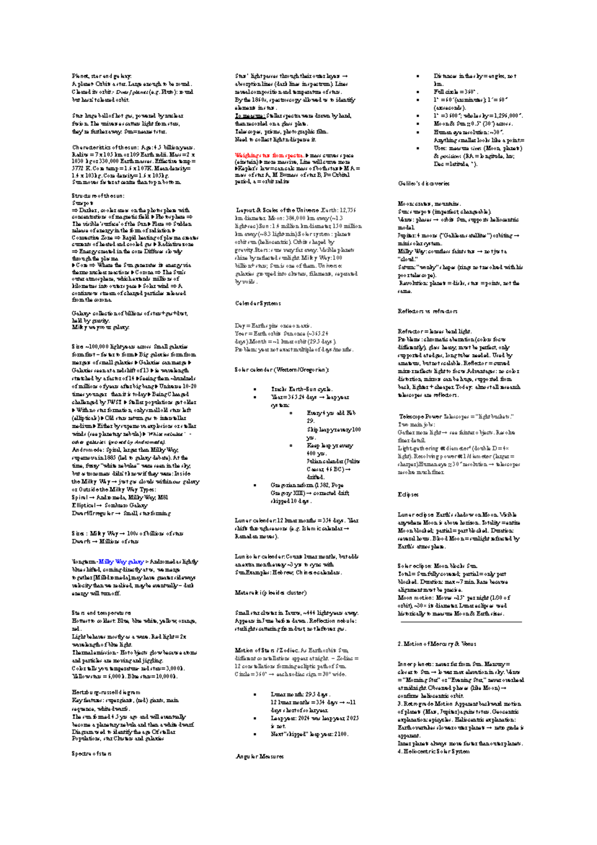 Astro 101: Test 1 Cheat Sheet on Stellar and Galactic Concepts - Studocu