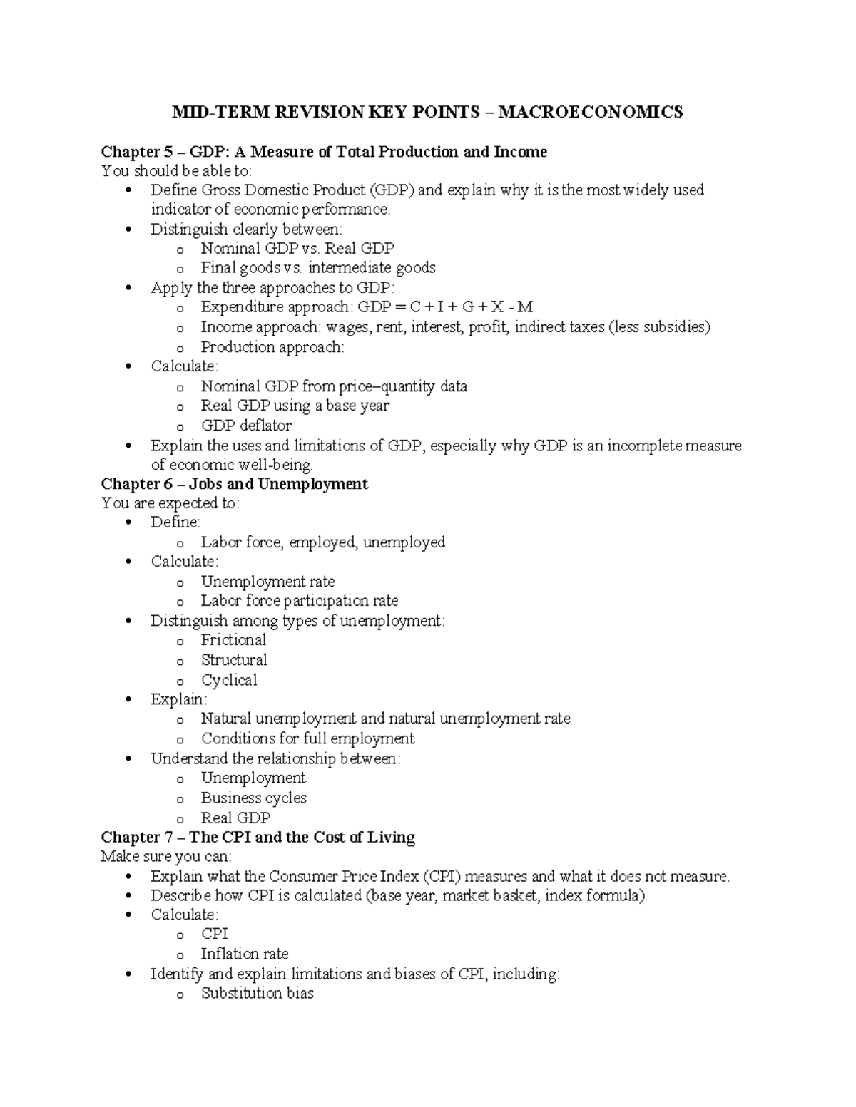 REVIEW MIDTERM KEY POINTS ECON 101: GDP, Unemployment & CPI - Studocu