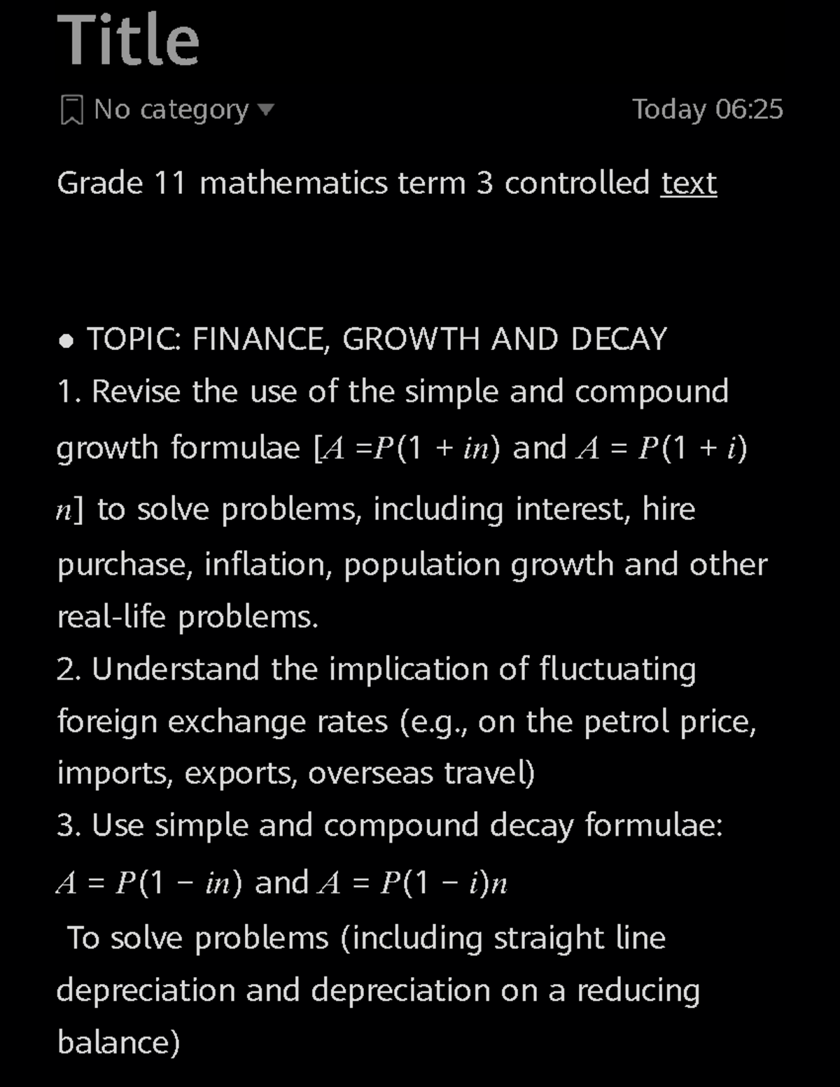 Grade 11 Term 3 Mathematics Scope: Finance, Growth & Decay Concepts ...