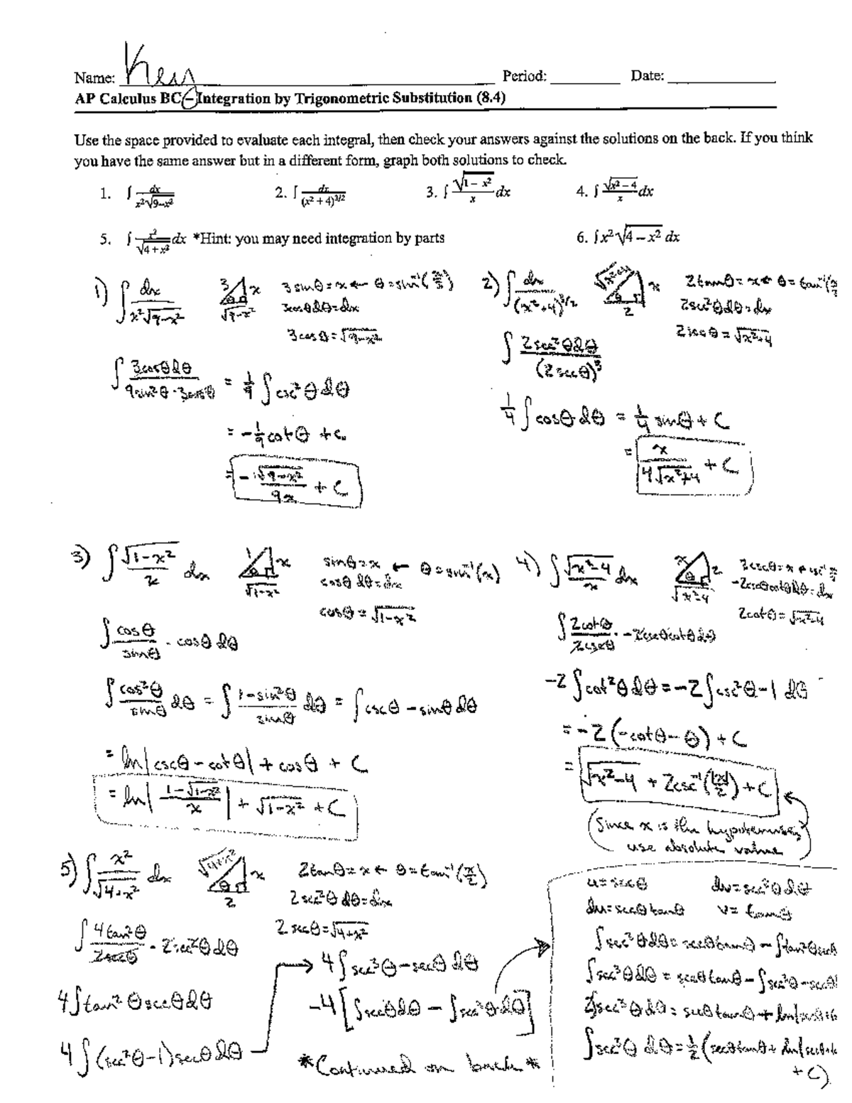 AP Calculus BC (8.4) Integration Trigonometric Substitution - KEY - Studocu