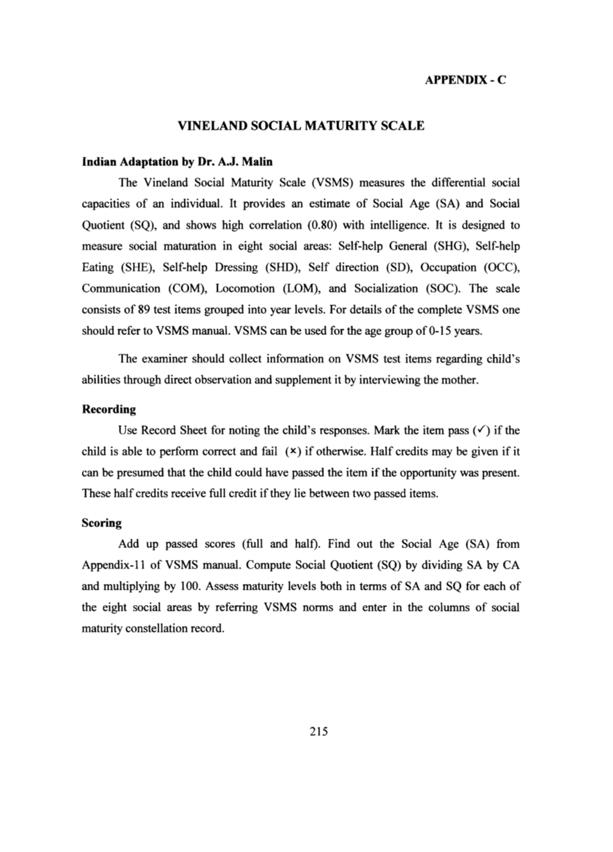 VSMS - VSMS performa - APPENDIX-C VINELAND SOCIAL MATURITY SCALE Indian Adaptation by Dr. A ...