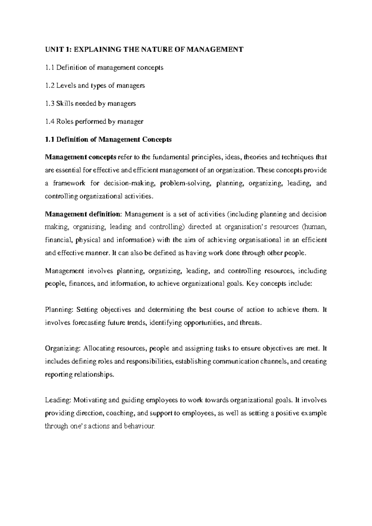 UNIT 1: NATURE OF MANAGEMENT - Concepts, Levels & Roles - Studocu