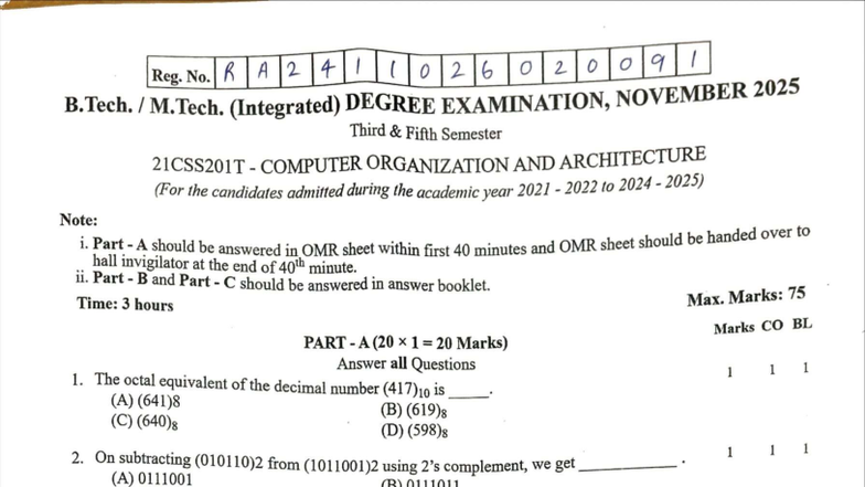 21CSS201T COA Semester Question Paper - Computer Organization ...