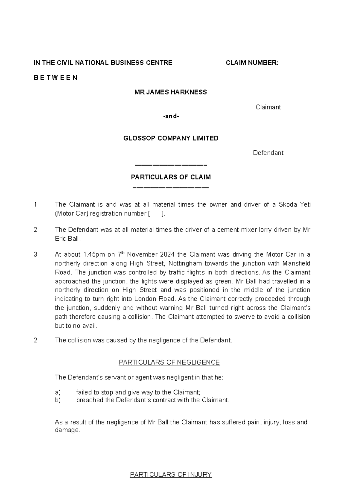 Draft Particulars of Claim - IN THE CIVIL NATIONAL BUSINESS CENTRE ...