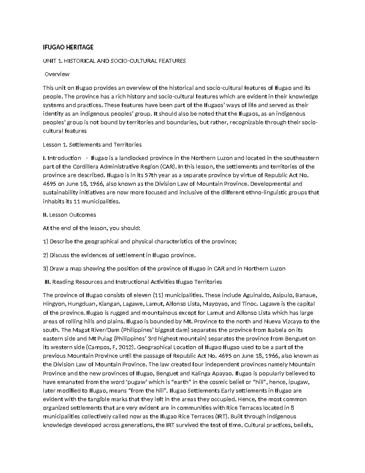 Ifugao Heritage Lecture Notes: Exploring Culture and History - Studocu