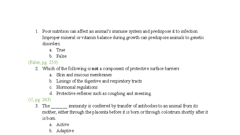 Pre-Class Quiz: Animal Health (AH 101) on Immunity and Nutrition - Studocu