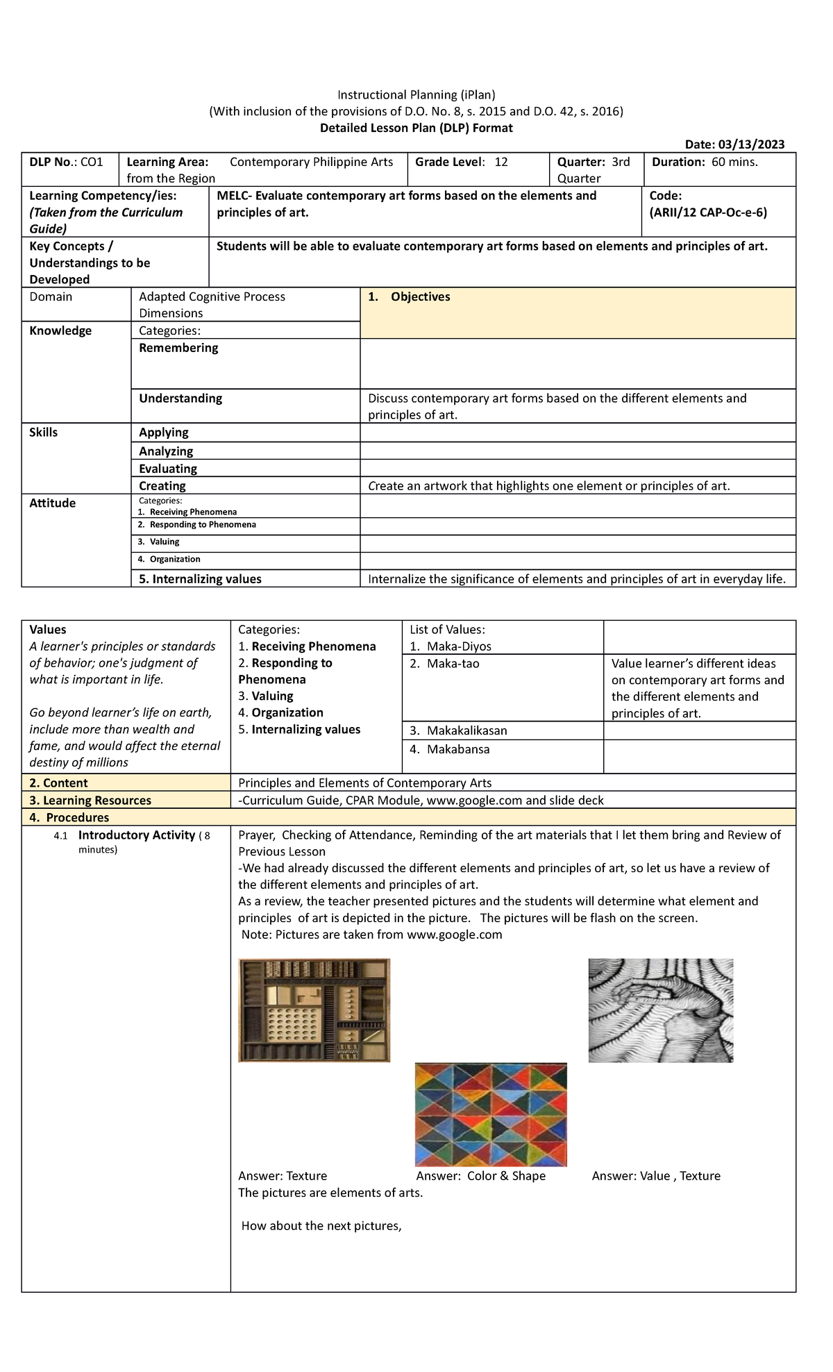 CO 1 - DLP - dlp - Instructional Planning (iPlan) (With inclusion of ...