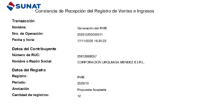 Constancia de Recepción del Registro de Ventas e Ingresos - Studocu