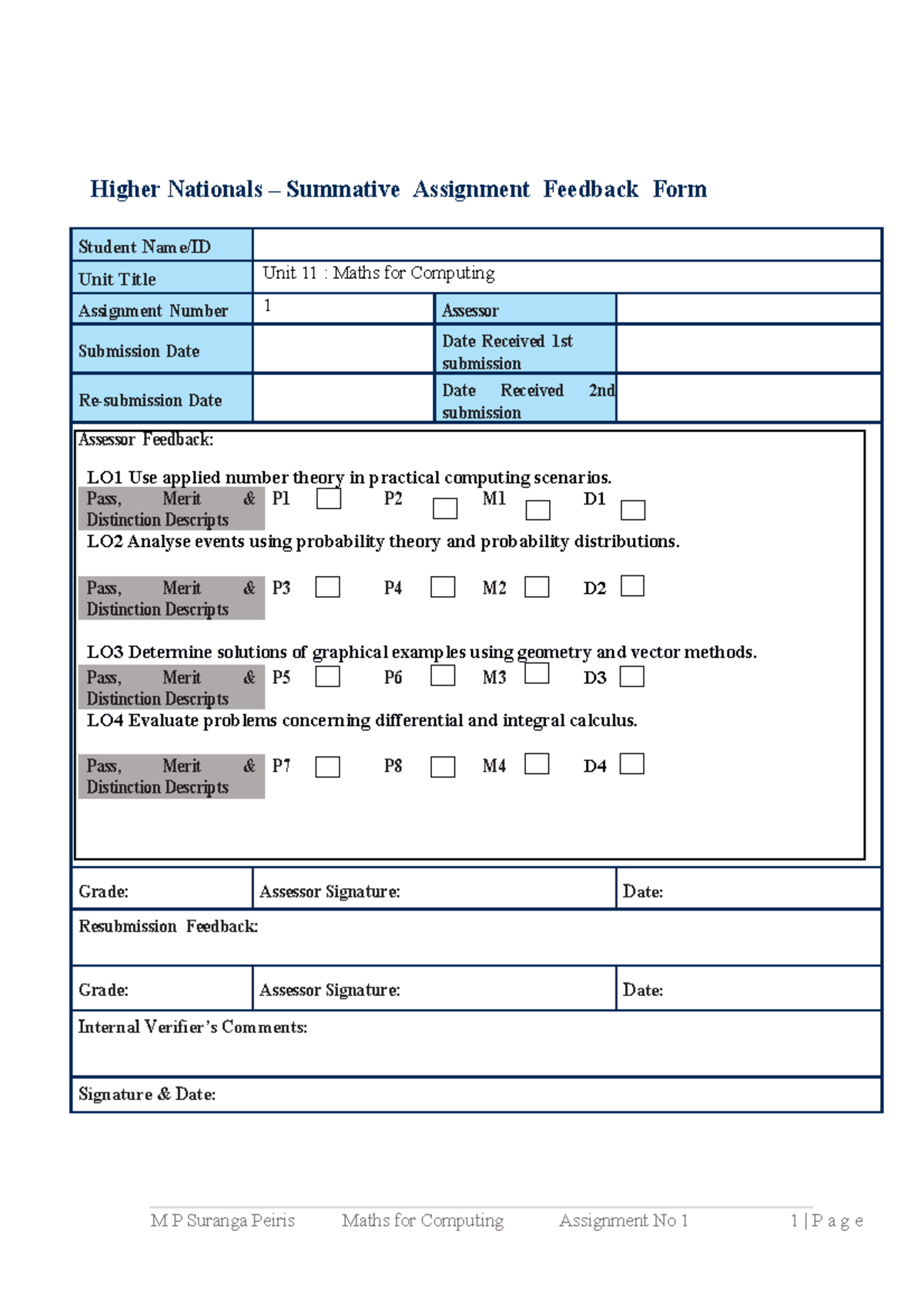 Unit 11 Maths for Computing - Higher Nationals – Summative Assignment Feedback Form Student Name ...