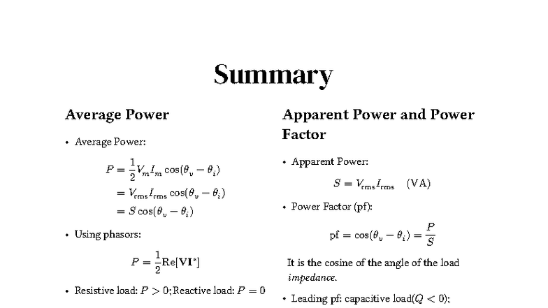 Summary of Average Power, Apparent Power & Power Factor (ENG 101) - Studocu