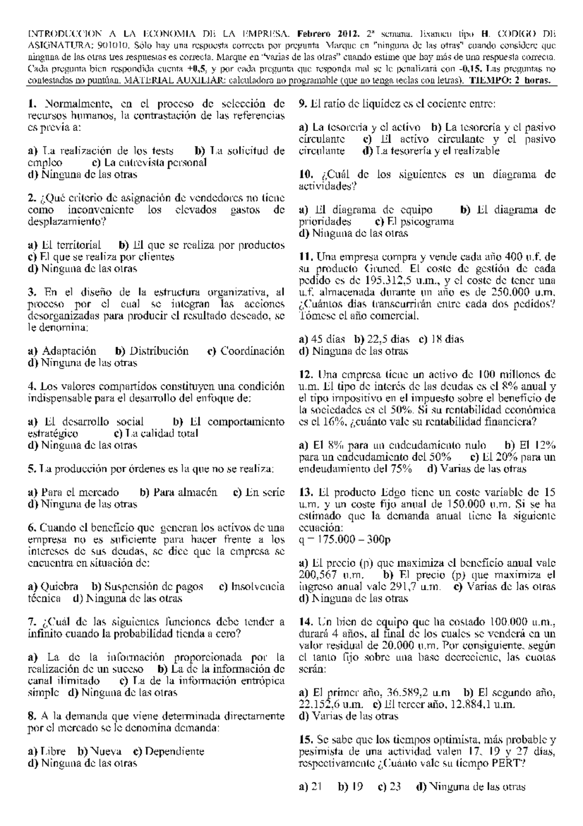 Examen tipo H de Introducción a la Economía de la Empresa 901010 - Studocu