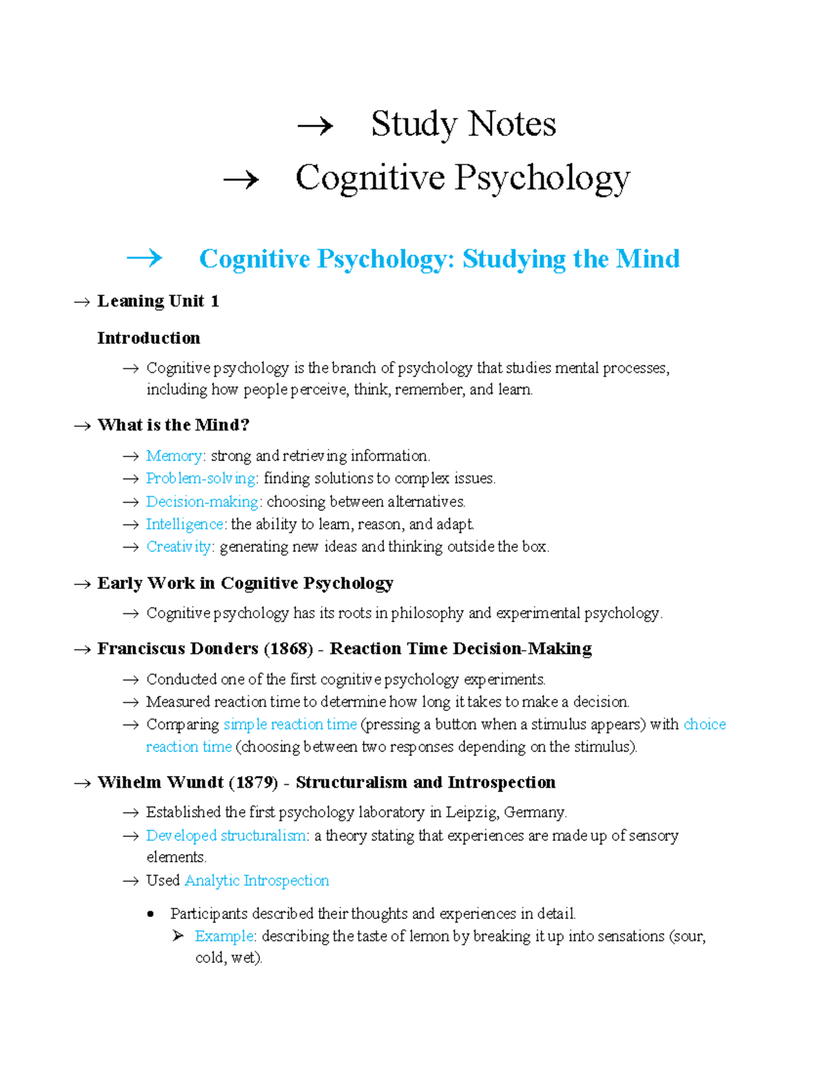 Cognitive Psychology Study Notes: Key Concepts & Theoretical Approaches ...