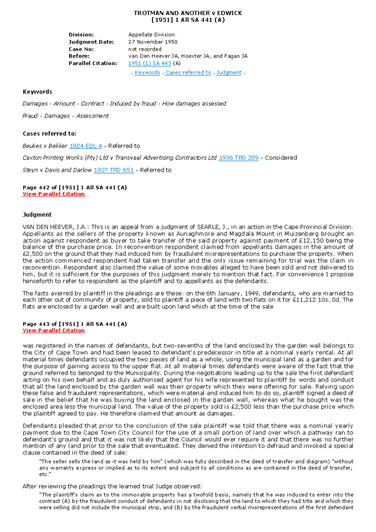 Trotman AND Another v Edwick [1951] 1 All SA 441 (A) - TROTMAN AND ...