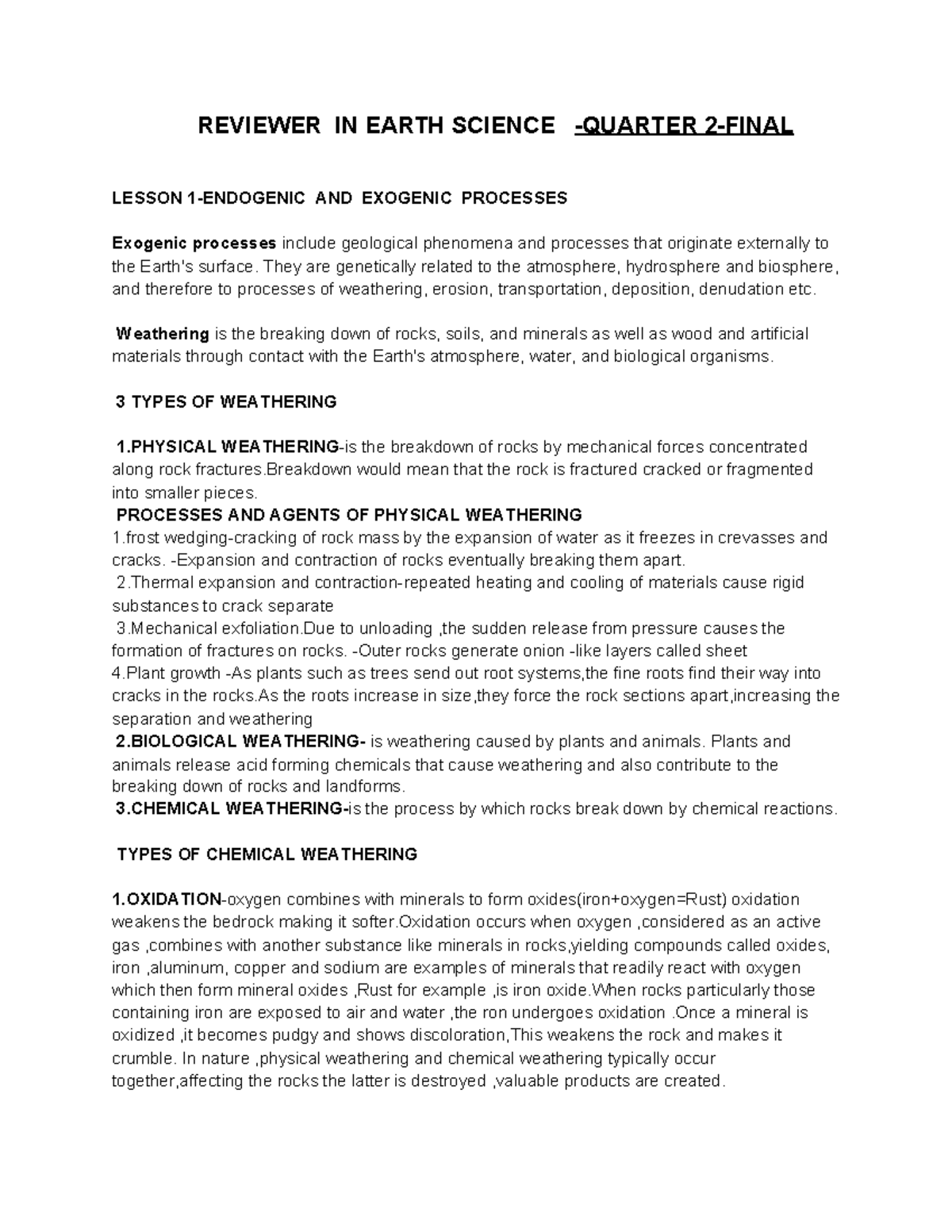 Earth Science (SCI-101) Quarter 2 Final Exam Reviewer - Studocu