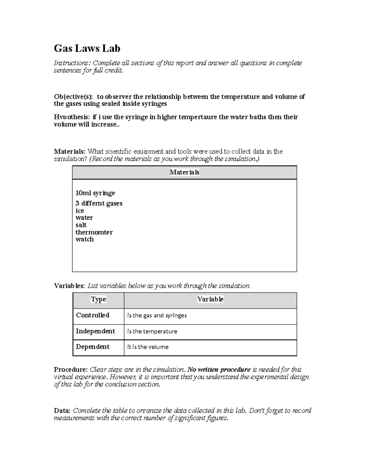 Gas Laws Lab Report - 6.05: Temperature-Volume Relationship Analysis ...