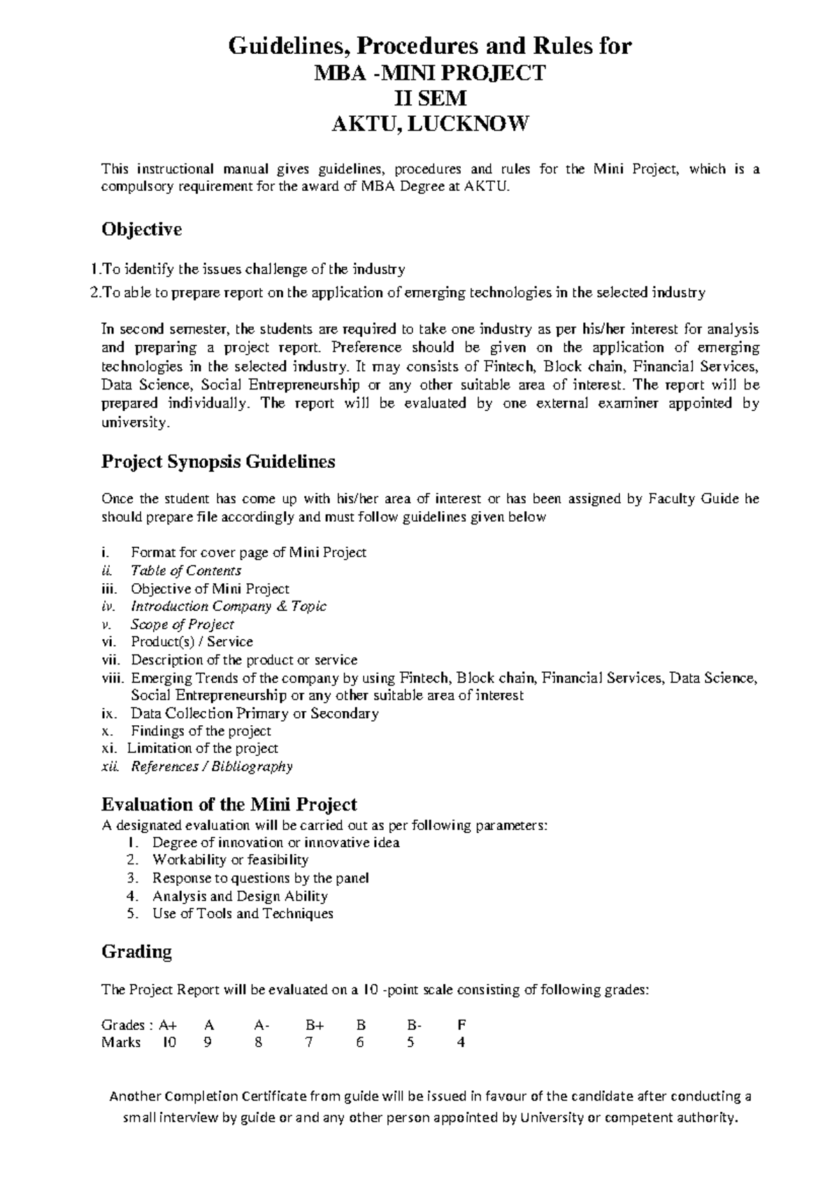 MBA II SEM Mini Project 1 Guidelines and Evaluation at AKTU - Studocu