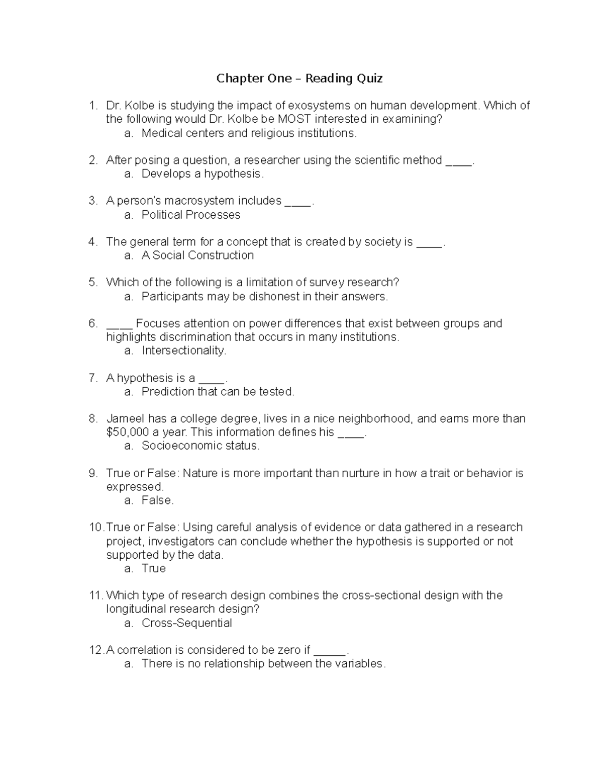 Chapter 1 - Reading Quiz on Human Development Concepts - Studocu