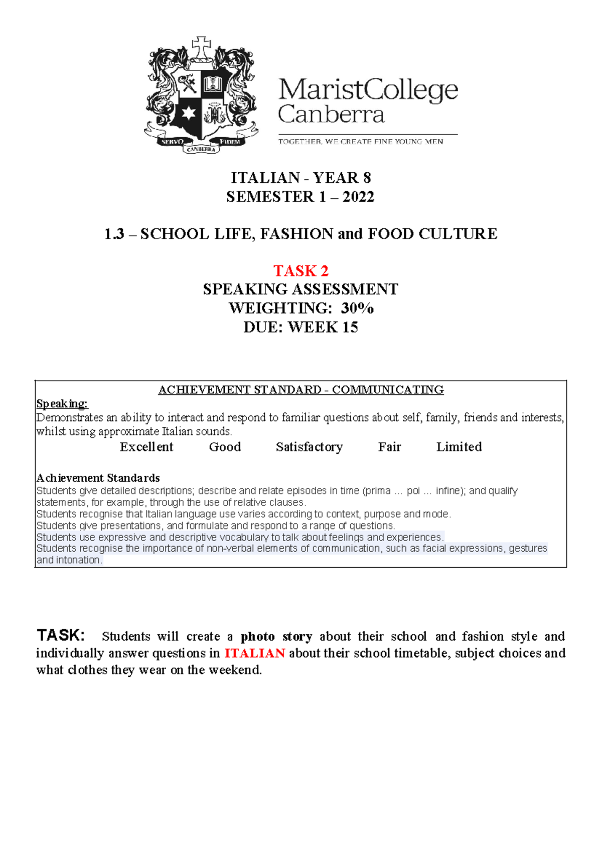 2022-YR8 Italian Speaking Assessment: School Life & Fashion Task ...
