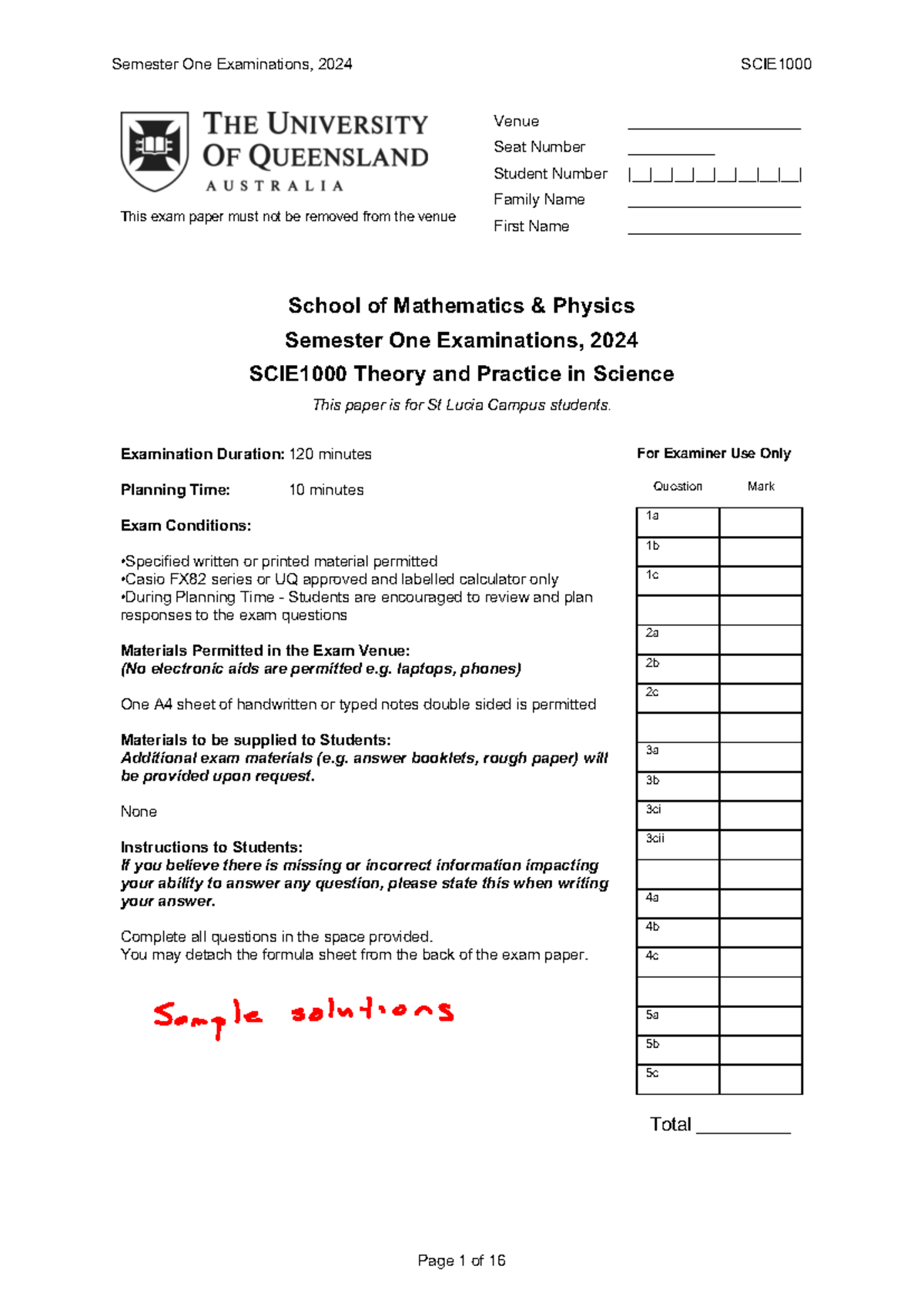 SCIE1000 Semester 1, 2024 Theory and Practice Exam Solutions - Studocu
