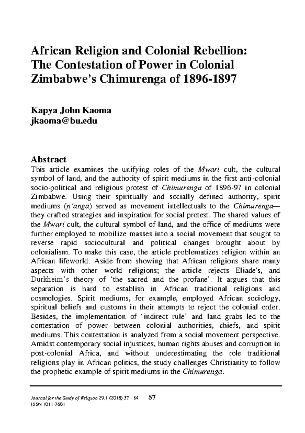 Chimurenga 1896-97: The Role of African Religion in Rebellion - Studocu