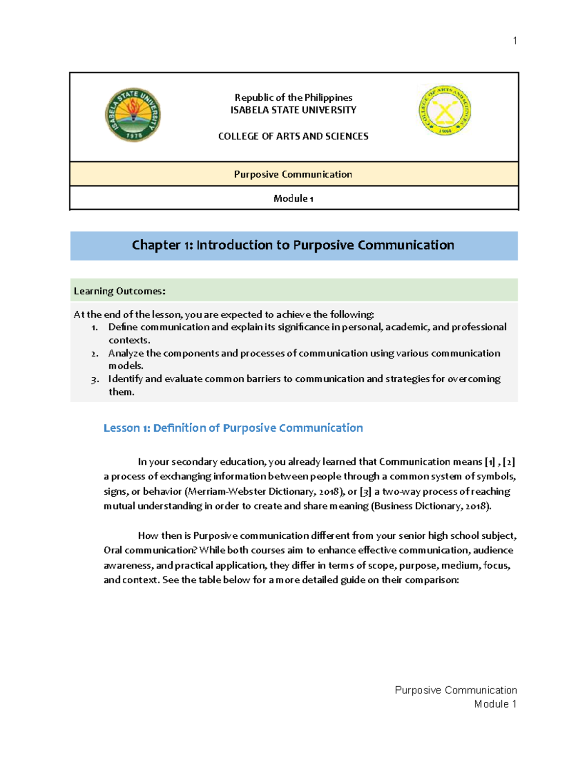 Purposive Communication Module 1: Intro to Communication Concepts - Studocu