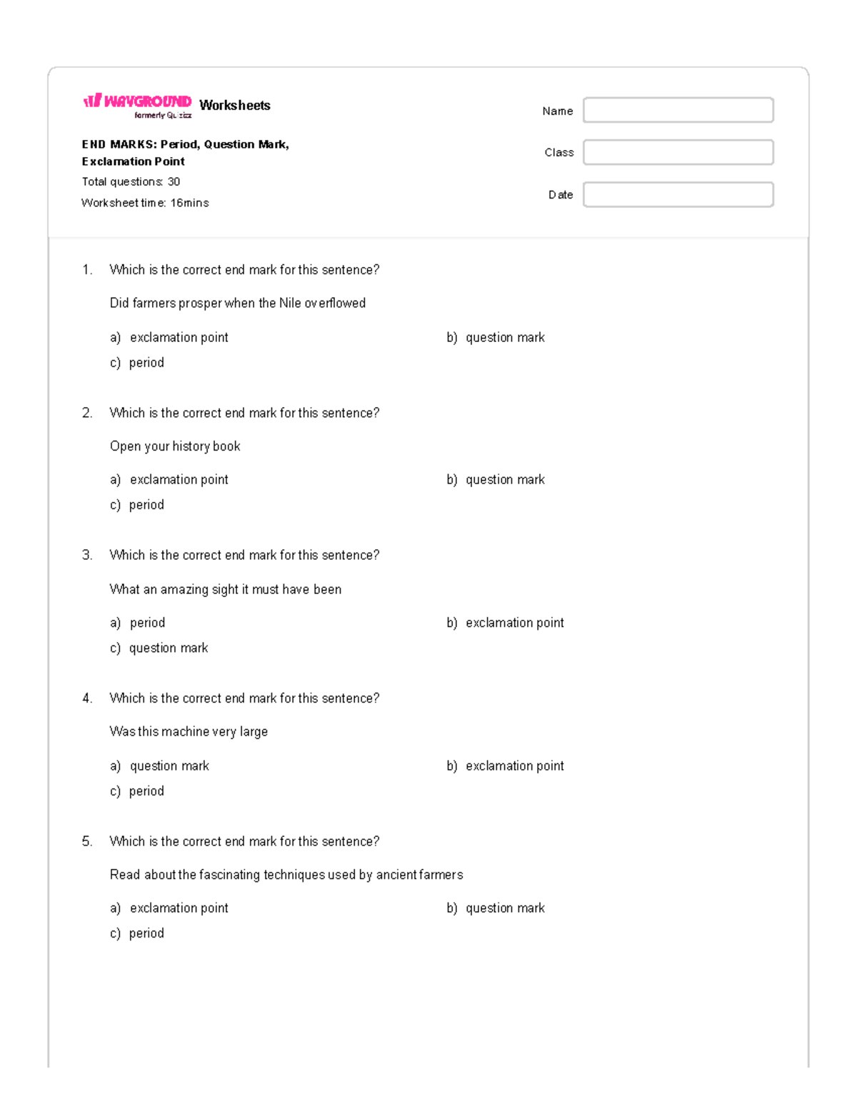 END Marks: Period, Question Mark, Exclamation Point Worksheet (30 Qs ...