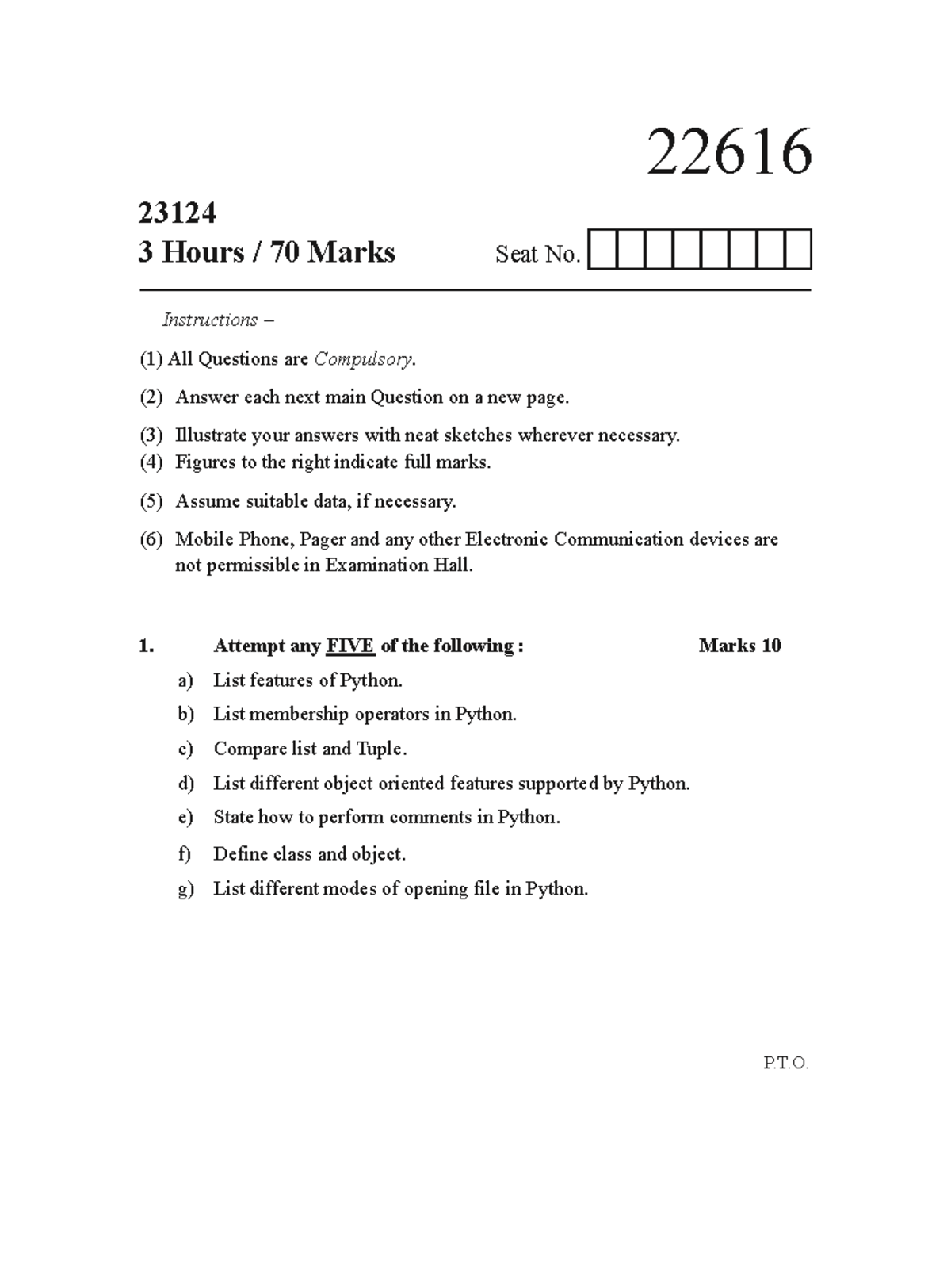 22616 2024 Winter question paper - 22616 23124 3 Hours / 70 Marks Seat No. Instructions – (1 ...