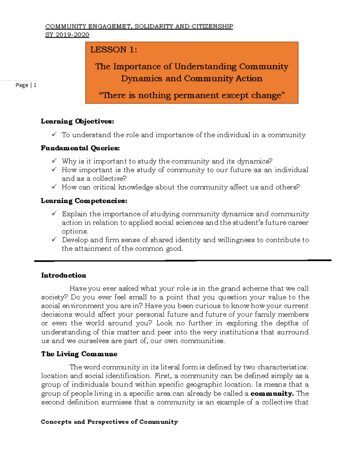 Week 001 Lesson 1: Understanding Community Dynamics & Action - Studocu