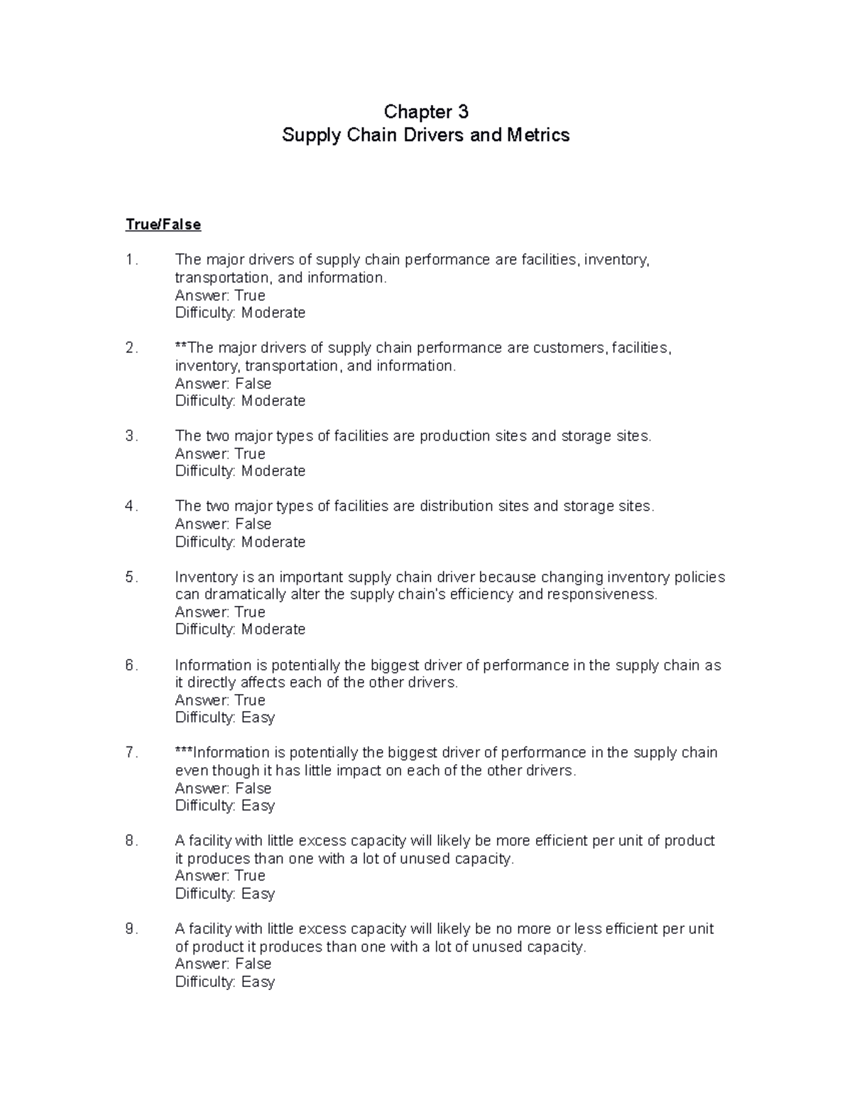 Chapter 3: Drivers of Supply Chain Performance & Key Metrics - Studocu