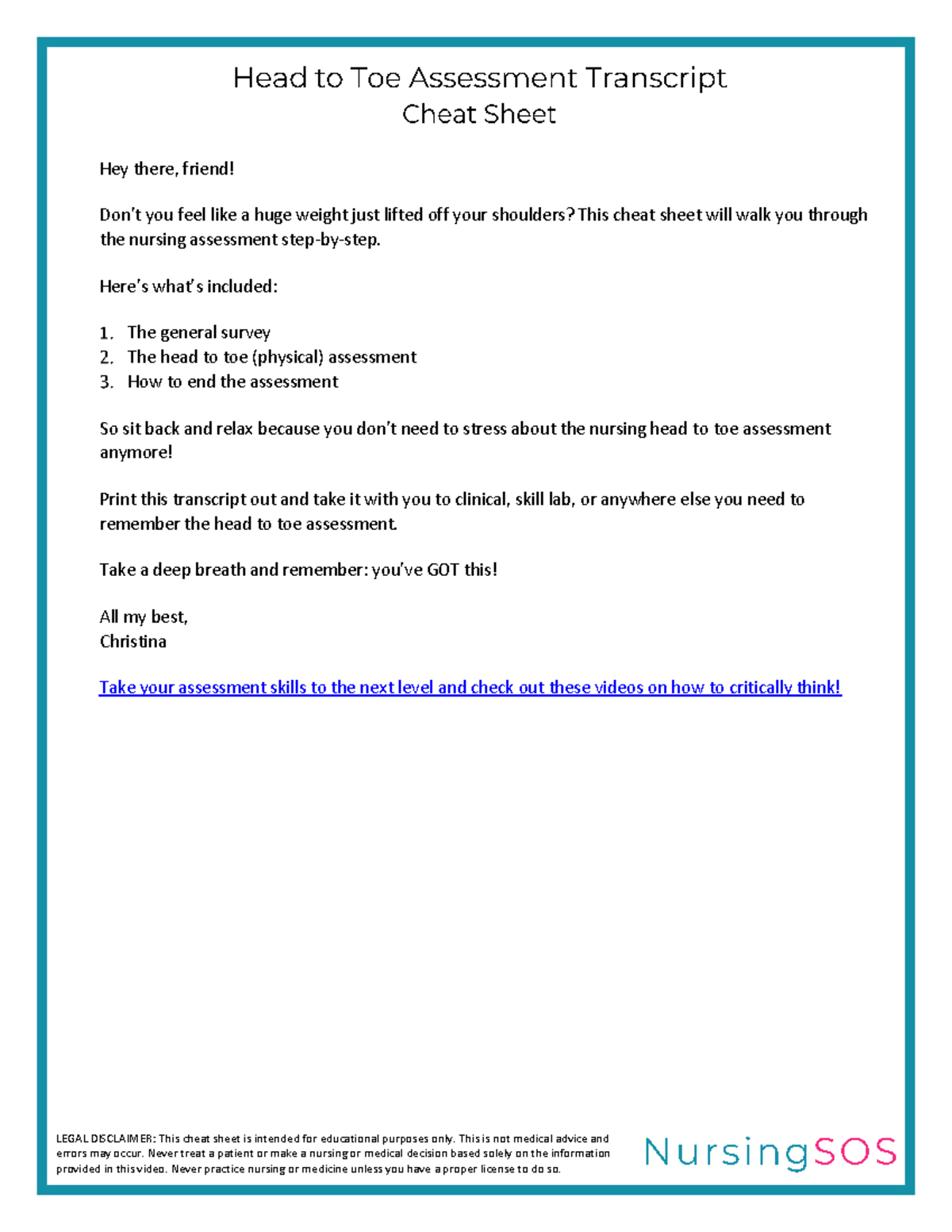 Nursing 101: Comprehensive Head to Toe Assessment Cheat Sheet - Studocu