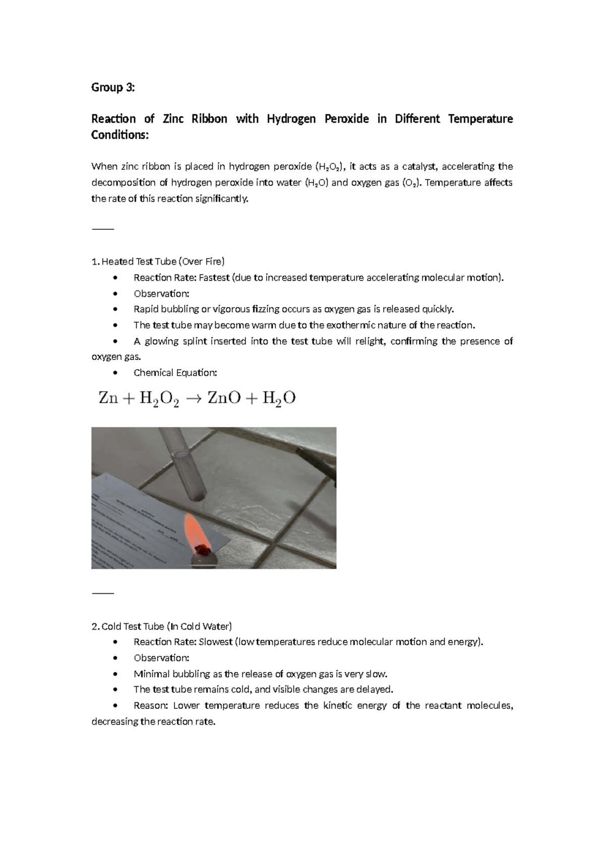 Group 3: Zinc & Hydrogen Peroxide Reaction Rates at Varied Temps - Studocu