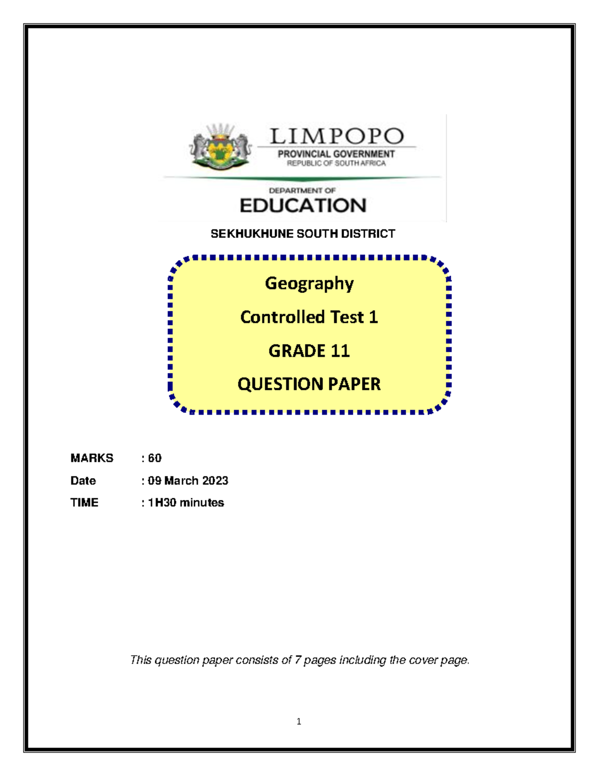 Grade 11 Geography Term 1 Test 2023 with Answer Key - Studocu