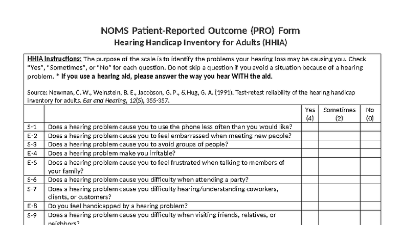 Hearing Handicap Inventory for Adults (HHIA) - PRO Form - Studocu