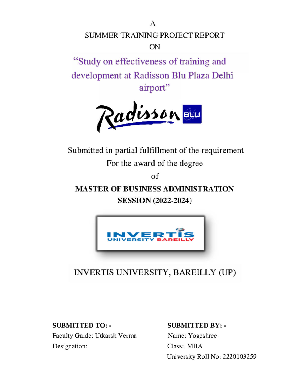 MBA Project Report: Effectiveness of Training & Development at Radisson ...