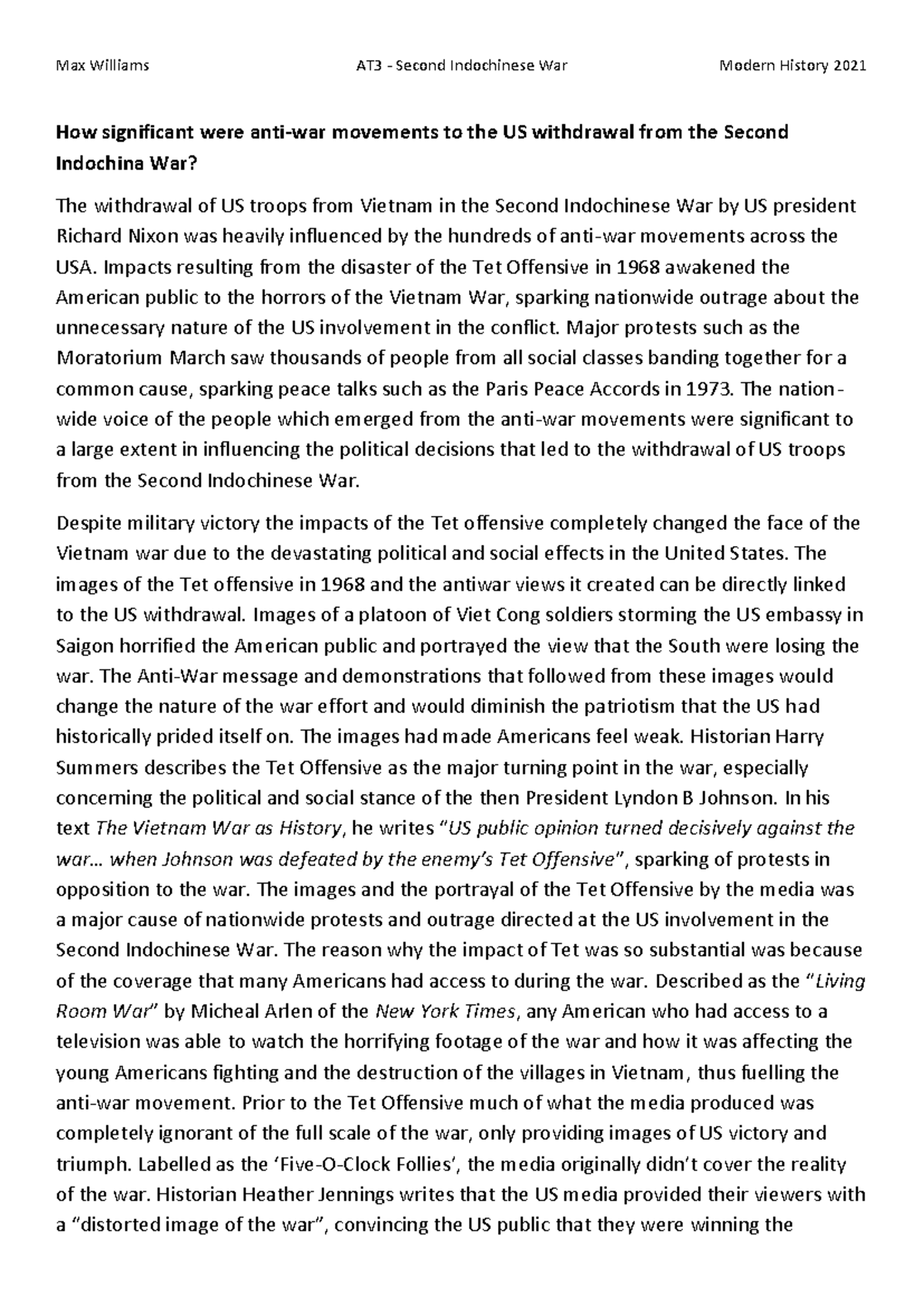 AT3 Modern History 2021: Significance of Anti-War Movements in US ...