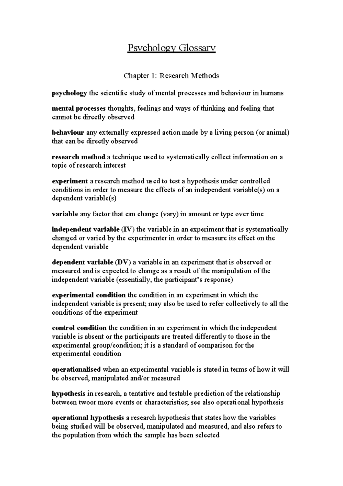 Psychology Glossary: Key Terms and Concepts (7529) - Studocu