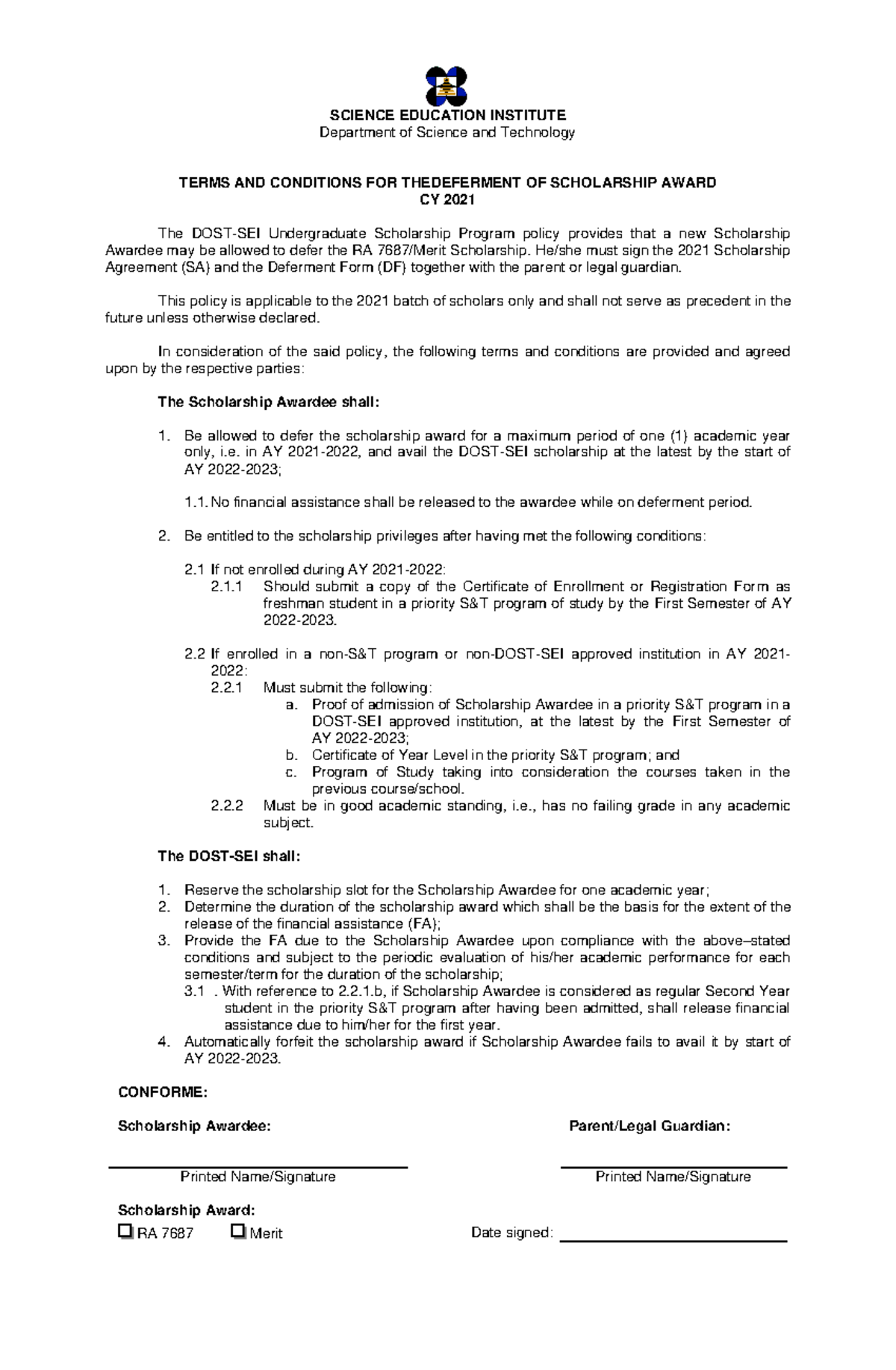 Deferment-Form-2021 - DOST DEFERMENT FORM - SCIENCE EDUCATION INSTITUTE ...