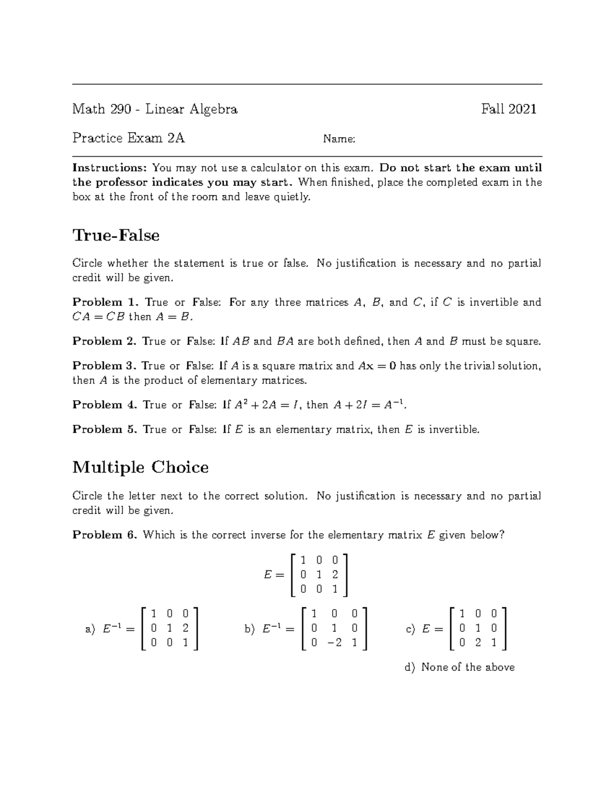 Practice exam 2b - Math 290 - Linear Algebra Fall 2021 Practice Exam 2A ...