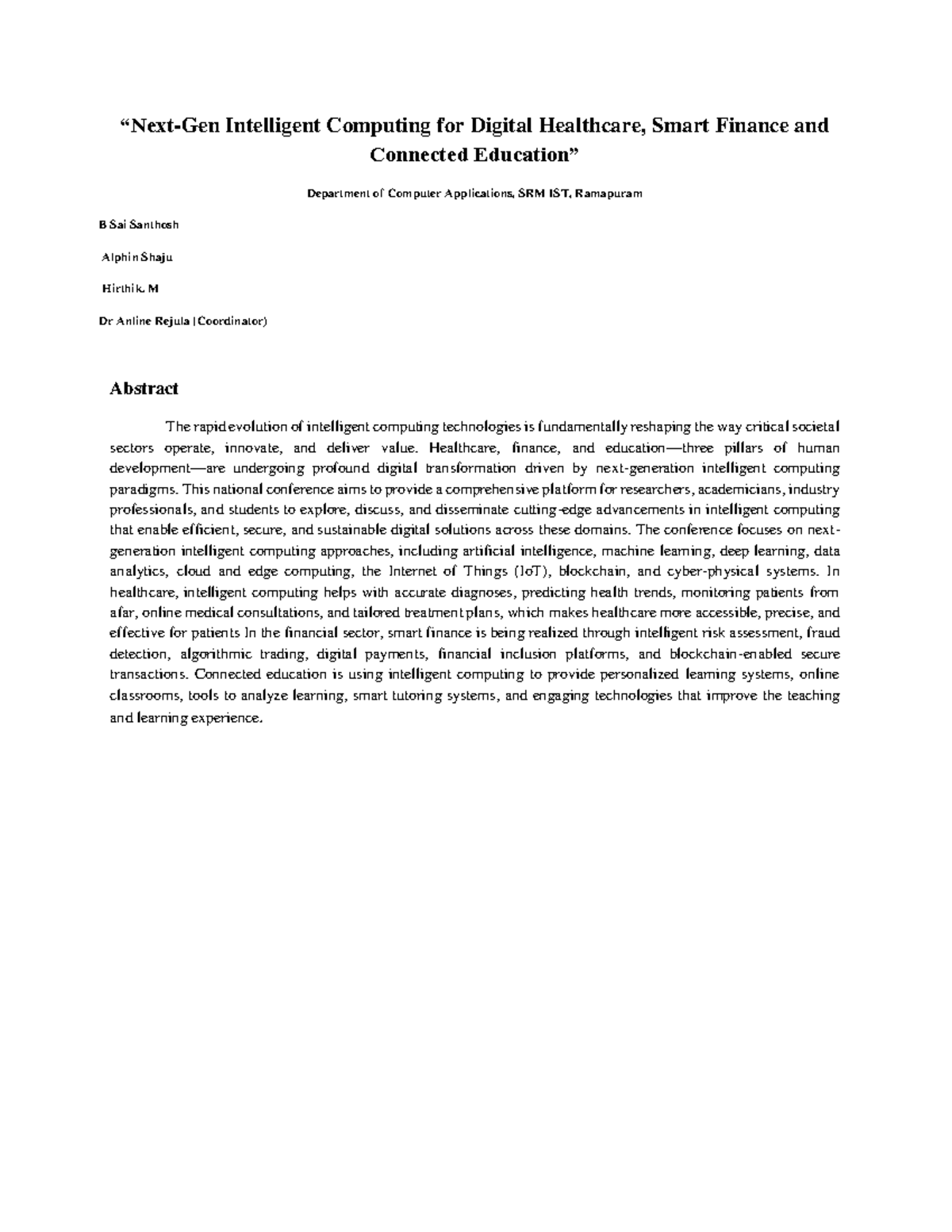 Intelligent Computing in Digital Healthcare & Smart Finance - SRM IST ...