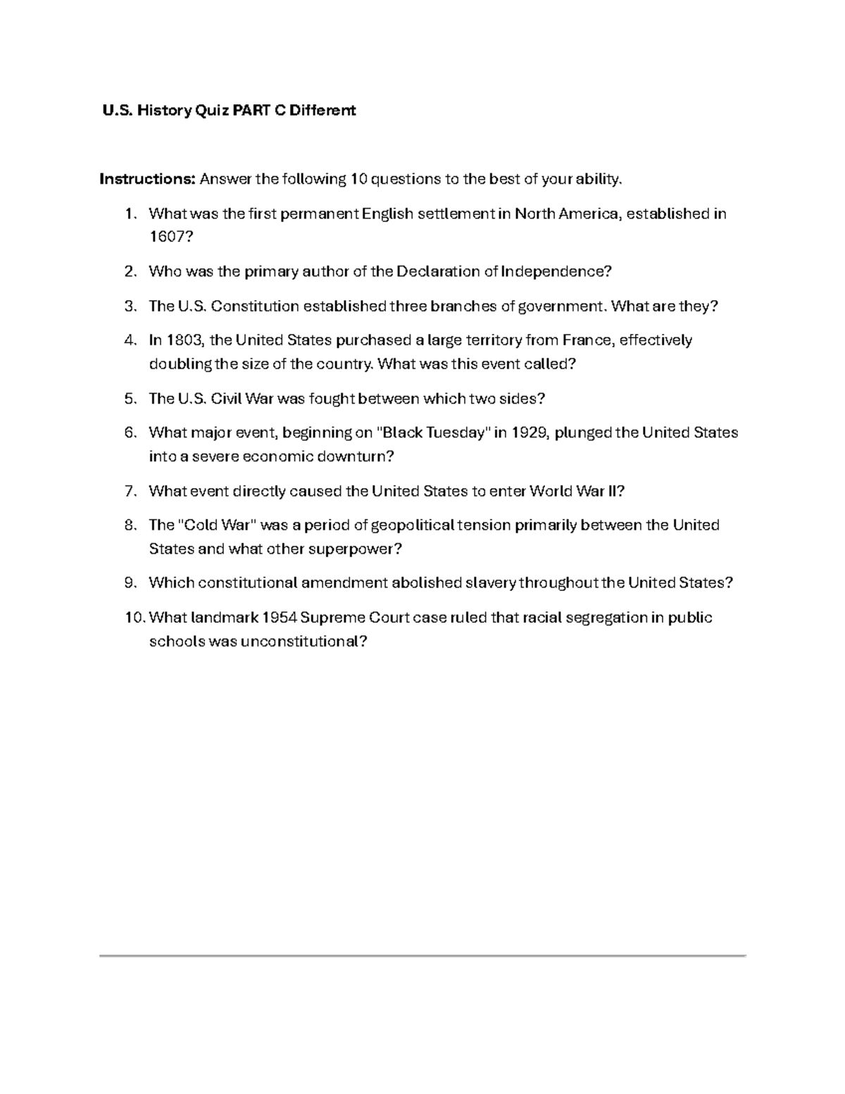 US History Quiz (Part C): Key Questions & Answers - Studocu