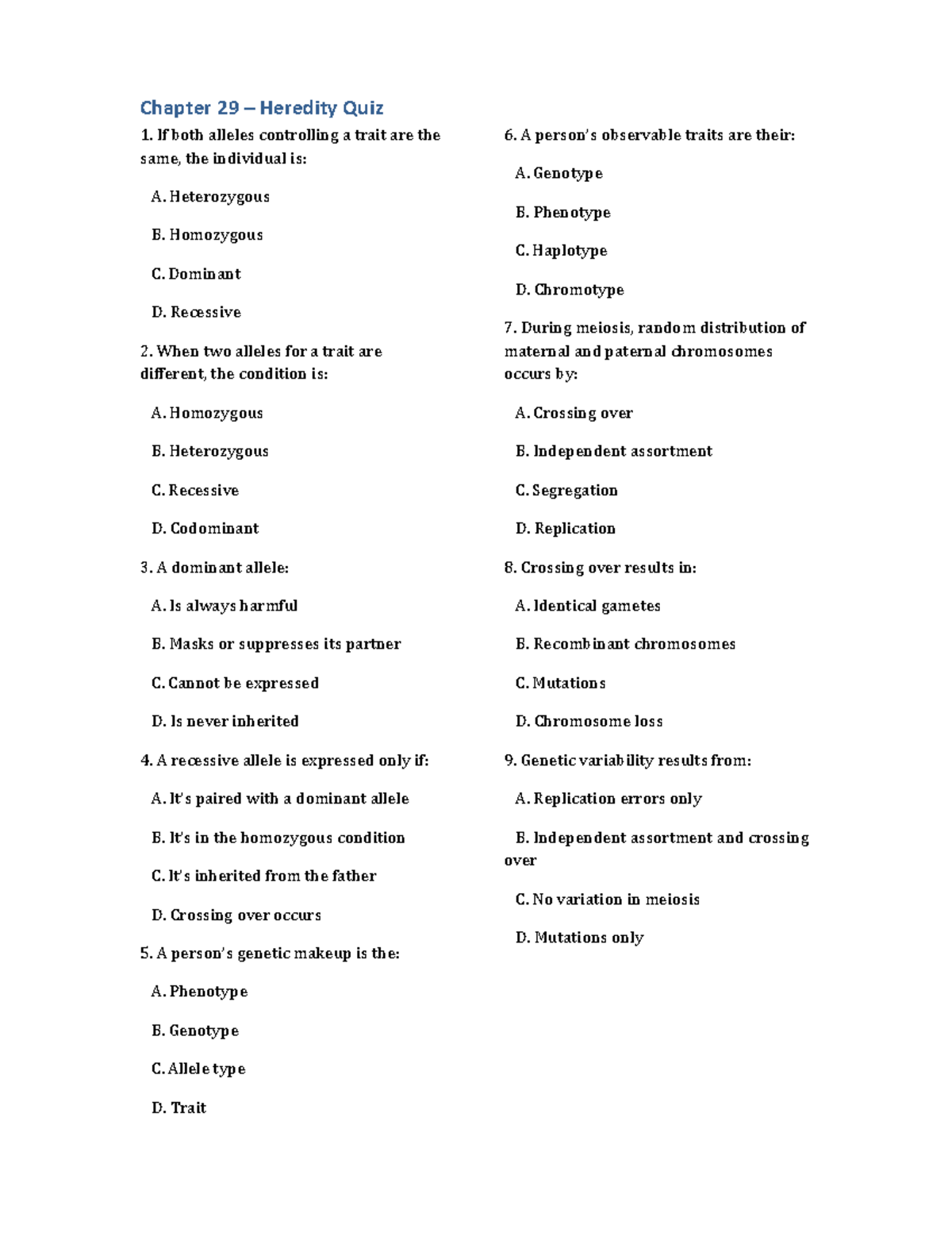 Ch29 Heredity Quiz 1 - Practice Questions and Answers - Studocu