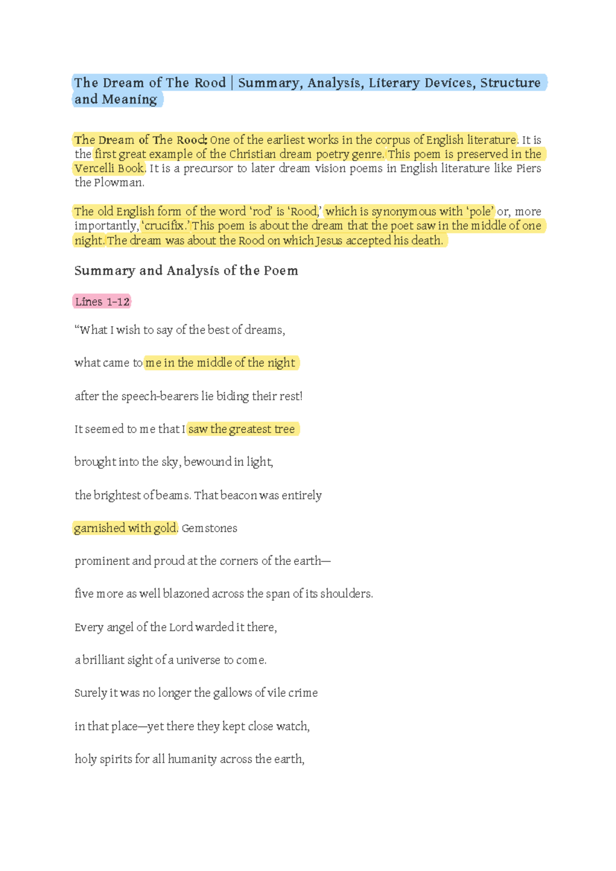 The Dream of The Rood Summary Analysis and Meaning - The Dream of The ...