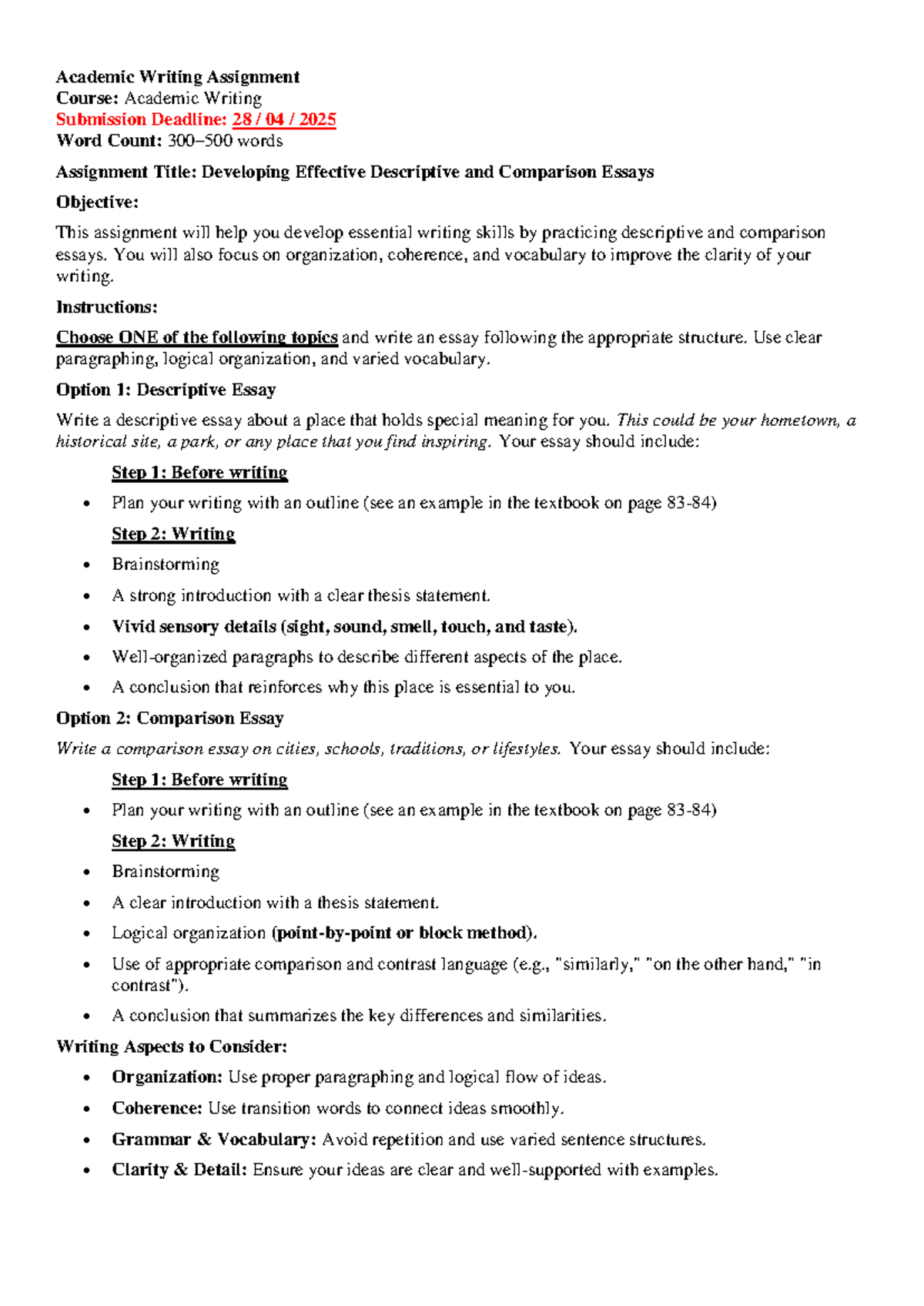 Academic Writing Assignment: Descriptive & Comparison Essays - Studocu