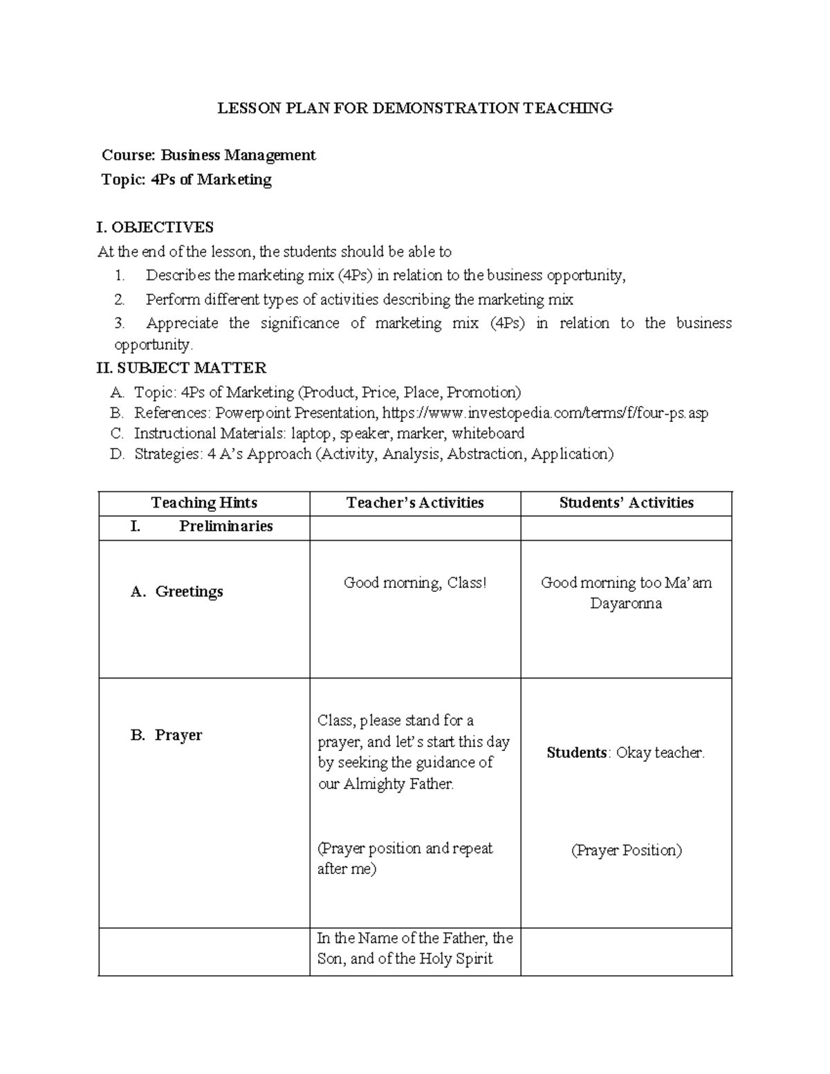 STI DEMO Lesson Plan: Exploring the 4Ps of Marketing - Studocu